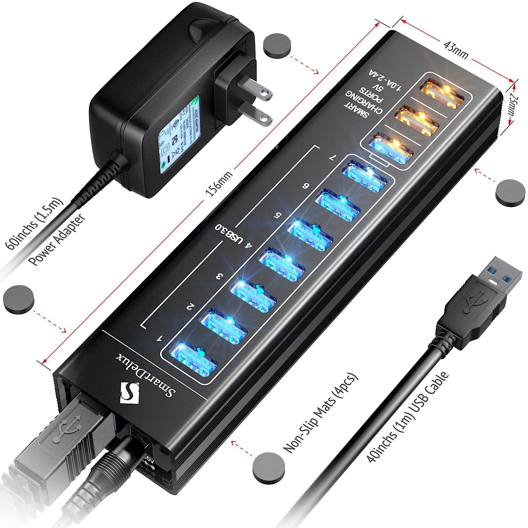 SmartDelux Powered USB Hub - USB 3.0 Ports Hub with 3 Smart Charging Ports, Power Adapter, Long Cord, LEDs (10-Port USB Hub)