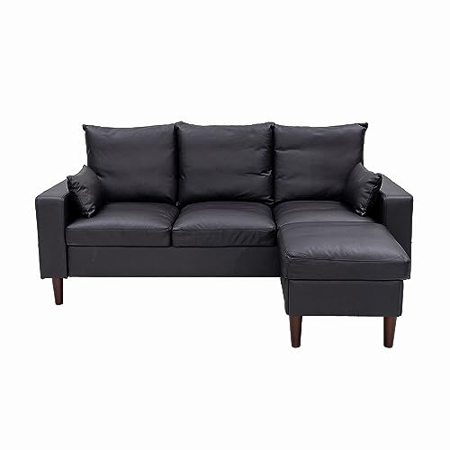 Panana Reversible Sectional Sofa Couch for Small Apartment L Shape Sofa Couch 3-seat Sectional Corner Couch, Black Leathaire