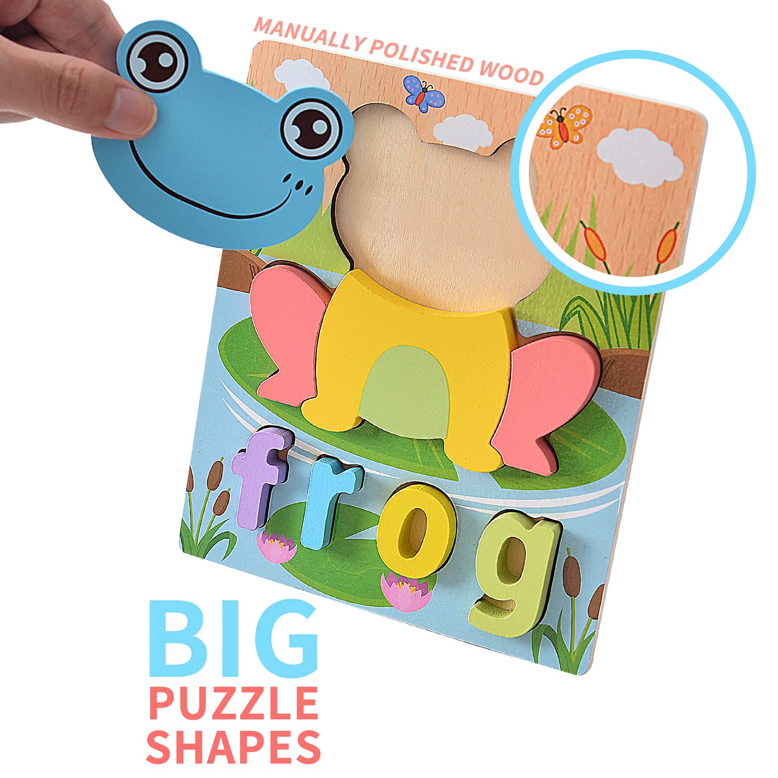 Cheerlyhood Toddler Jigsaw Puzzles Wooden Montessori Educational Preschool Learning Toys Frog Bee Snail Owl 4 Pack