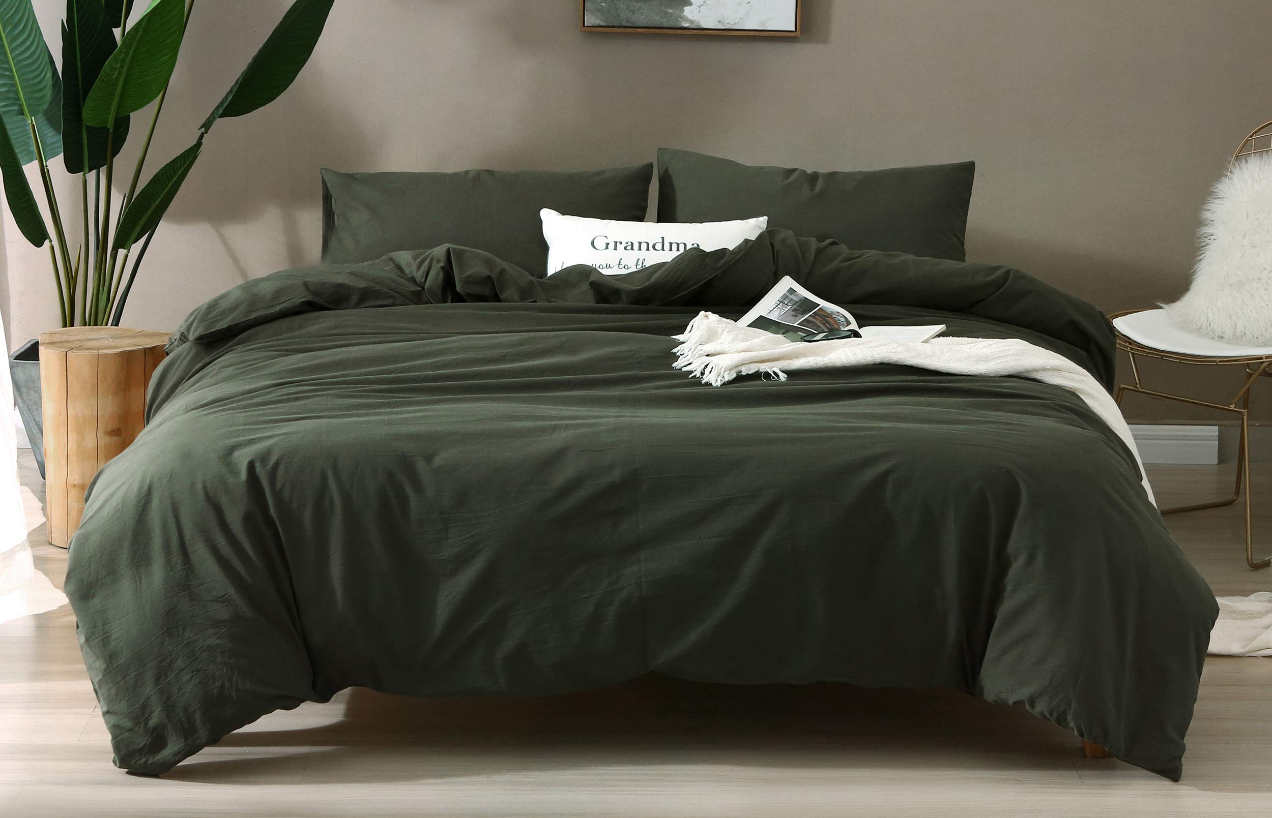 F.Y.Dreams 3Pcs Queen Size 100% Washed Cotton Duvet Cover Set,Fade-Resistant Linen Like,1 Duvet Cover 90x90 Inches with Zipper and 2 Pillowcases(NOT Suitable for Weighted Blankets),Forrest Green