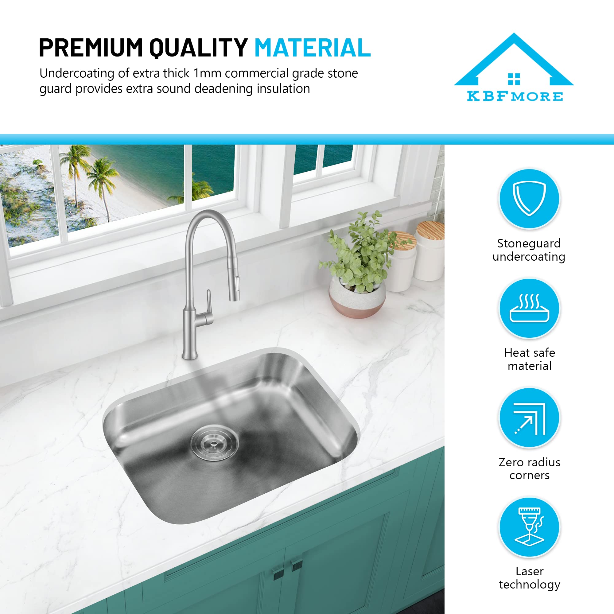 KBFmore 23 Inch Single Bowl ADA Compliant Stainless Steel Kitchen Sink, Rust Resistant Sound and Heatproof Shallow Drain 18 Gauge Undermount Sink with Sink Strainer and Removable Garbage Basket