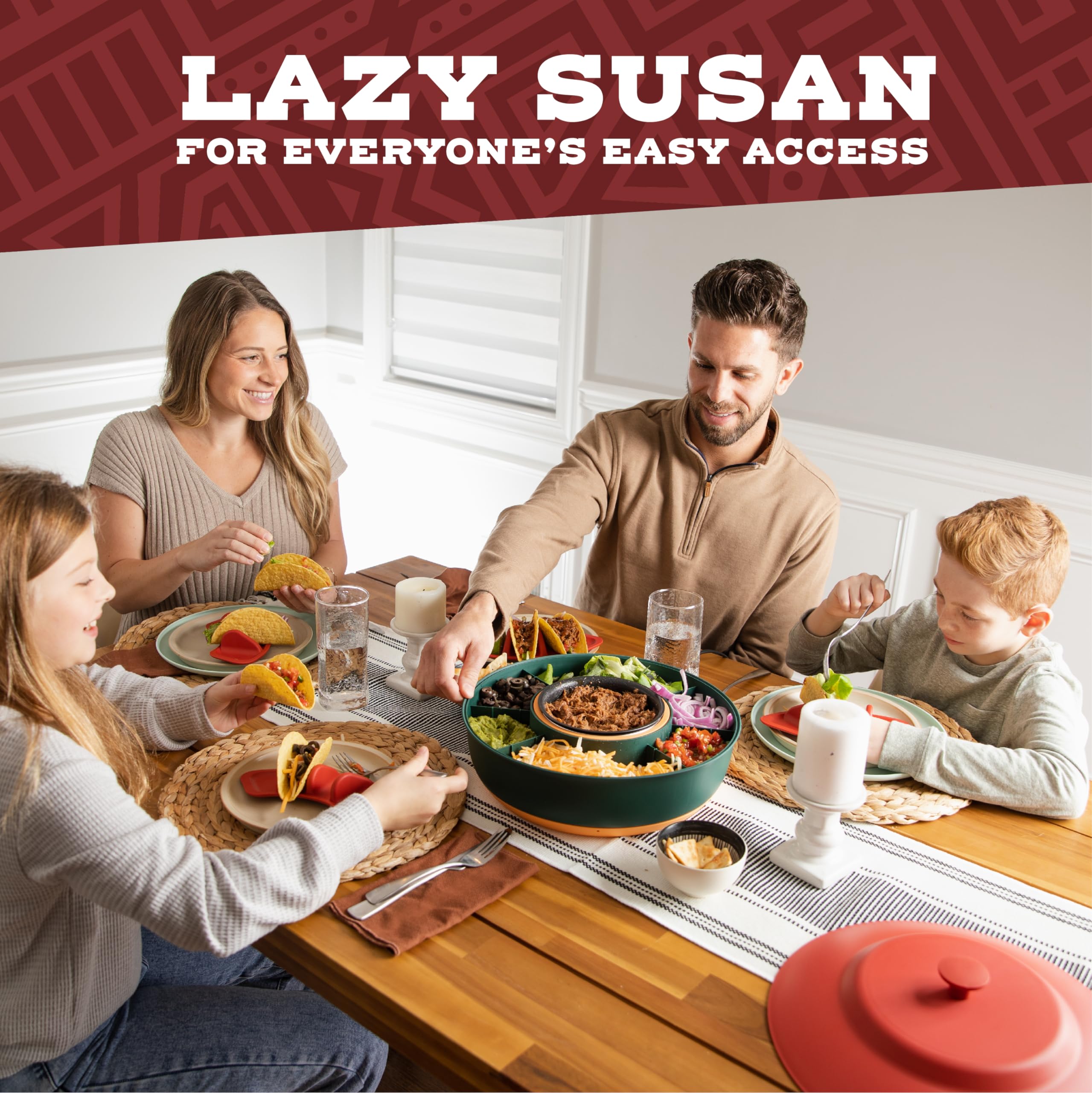 Taco Tuesday Kit - Taco Bar Serving Set for a Party - 30oz Heated Pot, 4 Taco Holders, & Detachable Lazy Susan Tray - Taco Night Fiesta β Unique Couple & Housewarming Gift Set Ideas