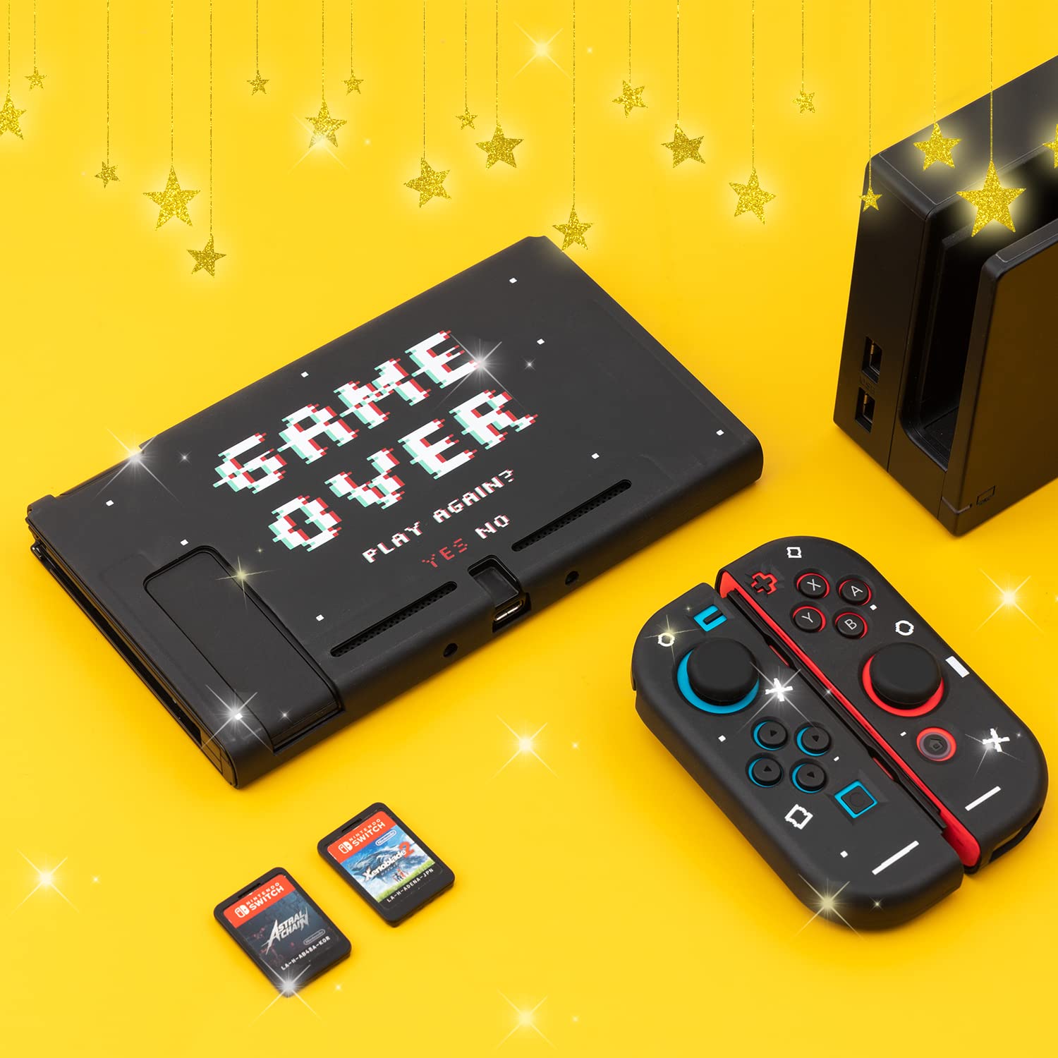 BelugaDesign Game Over Switch Case | Squid Dockable Retro Arcade Cool Cover Shell | Compatible with Nintendo Switch (Switch Standard, Black White)