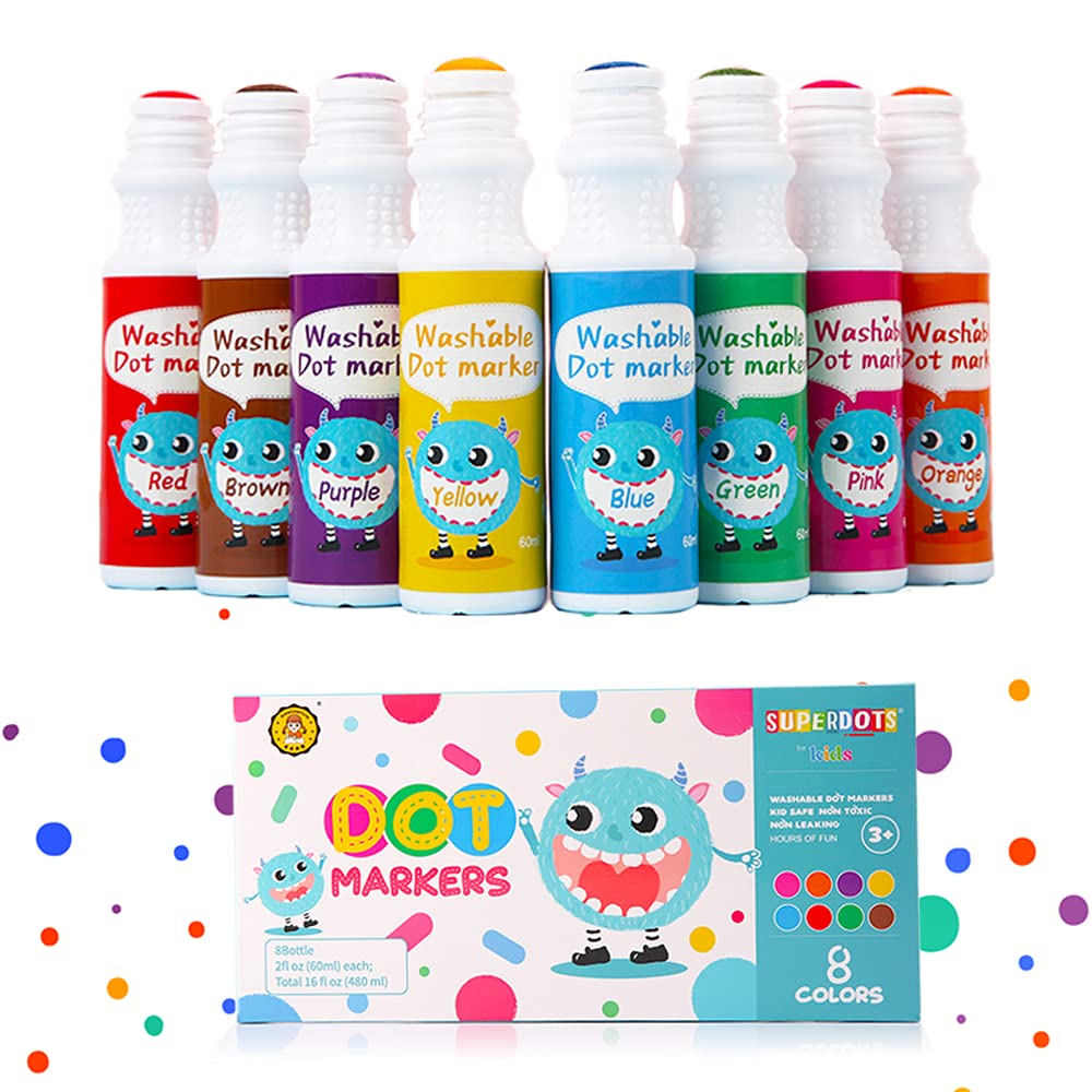 JORNERDN Dot Markers for Toddlers Kids, 8 Colors (Jumbo 60ml / 2 oz) Water-Based Non-Toxic Bingo Daubers, Fun Preschool Crafts Art Supplies Plus 580 Pages Activity E-BOOK