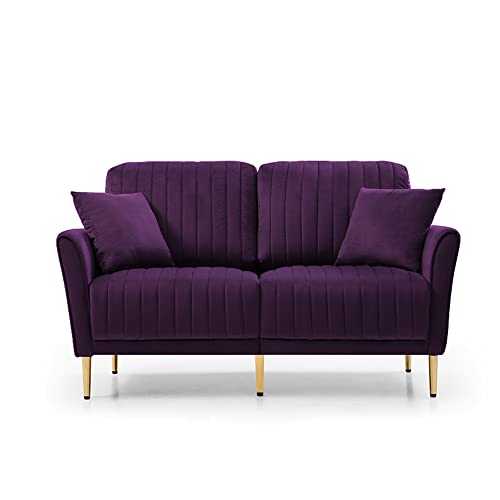 kevinplus 55'' Purple Velvet Loveseat Sofa Couch for Living Room, Modern Luxury Upholstered Sofa with Metal Legs, 2-Seater Sofa Couch for Bedroom Apartment Small Spaces Office, Purple