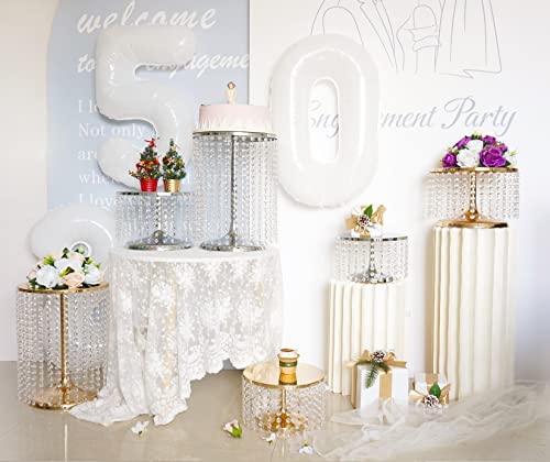 8 Inch Tall Wedding Gold Cake Stand - 12" Dia Round Base Cake Serving Stand with Crystal Chandelier, Dessert Cupcake Pastry Candy Display Plate for Weddings, Birthdays and Special Occasions