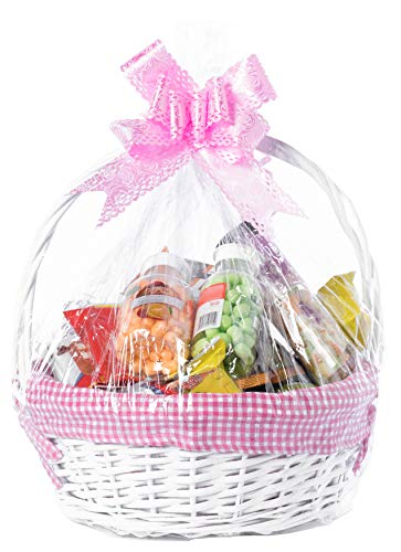 White Round Willow Gift Basket, with Pink Gingham Liner and Handle- Small