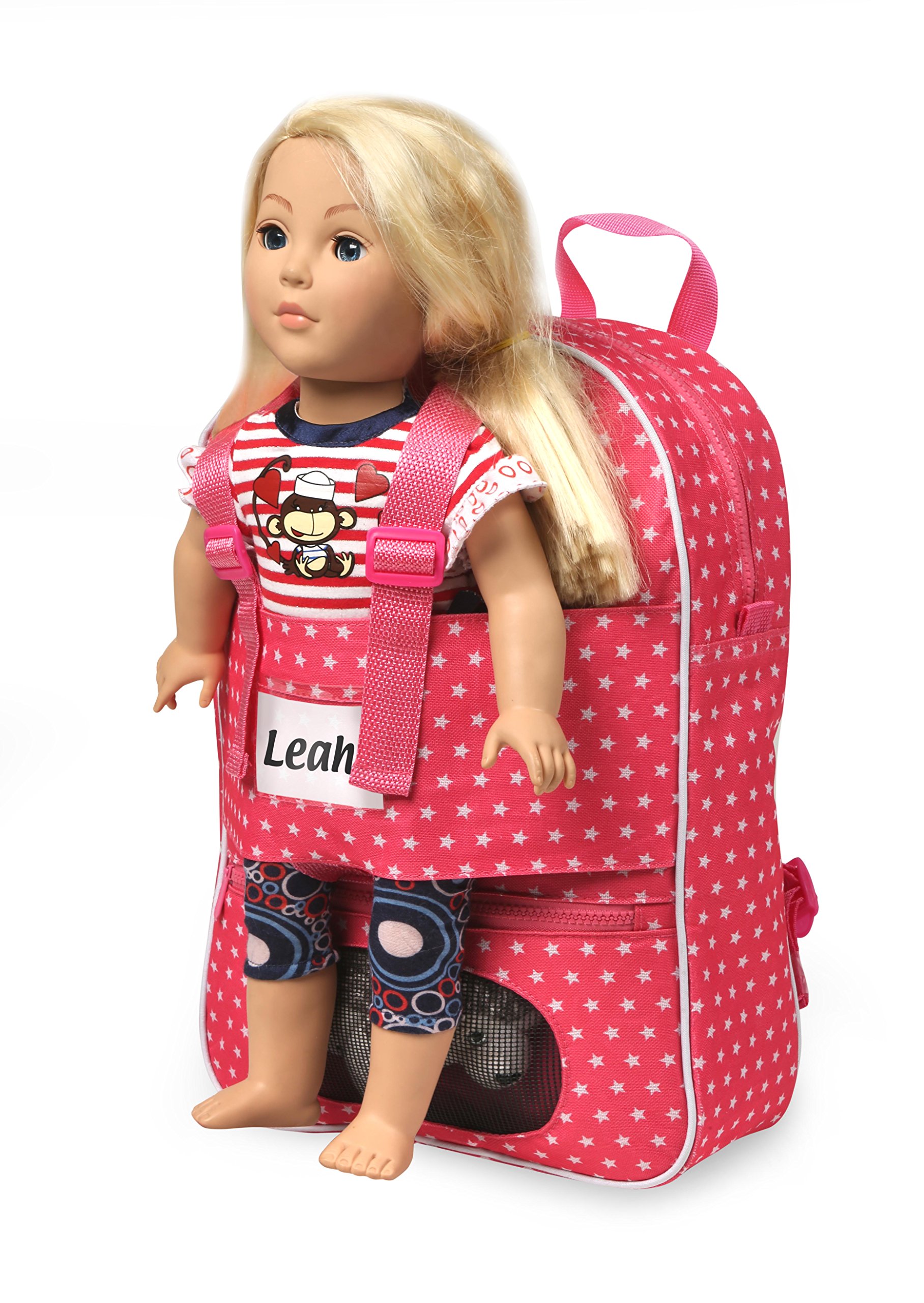 Badger Basket Delightful Doll Travel Backpack with Plush Friend Compartment – Perfect for 18-Inch Dolls with Stylish Pink Star Design
