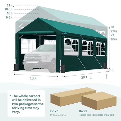 ADVANCE OUTDOOR 10x20 ft Heavy Duty Carport with Window Sidewalls and Doors, Adjustable Height from 9.5 ft to 11 ft, Car Canopy Garage Party Tent Boat Shelter, Green