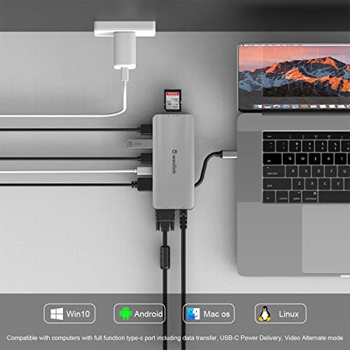 WAVLINK USB C Hub, 10-in-1 Type C Adapter Mini Docking Station with 4K 30Hz HDMI,2K 60Hz VGA,RJ45 Ethernet,2 USB 3.0,USB 2.0,SD/TF Card Reader,3.5mm Audio Jack,87W PD for Windows Mac and More