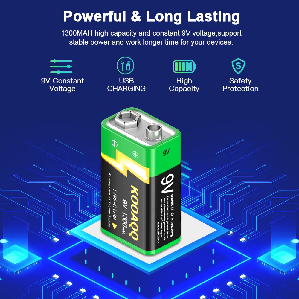 4-Pack Rechargeable 9V Batteries, High Capacity 1300mAh 9 Volt Lithium-ion Long Lasting Power, USB-C Recharge with 2 in 1 Charging Cable for Smoke Alarms,Multimeters,Toys,Microphones,Walkie-Talkie