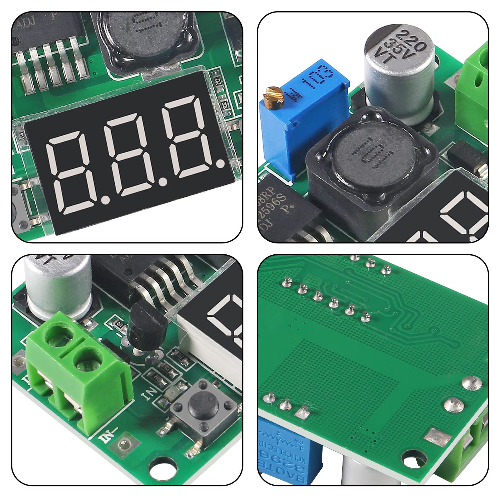 Aobao 4pcs LM2596 DC-DC Adjustable Buck Converter Reduced Voltage Regulator Power Module 4.0-40V Input to 1.25-37V Output with LED Voltmeter Digital Display (Green)