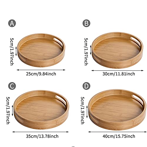 Bamboo Wood Round Tray w/Handles, Tea & Coffee Table Decorative Serving Tray Food Storage Platters for Serving Beverages & Food on Bar Living Room Home Dining Table (C - 35 cm/ 13.78 inch)