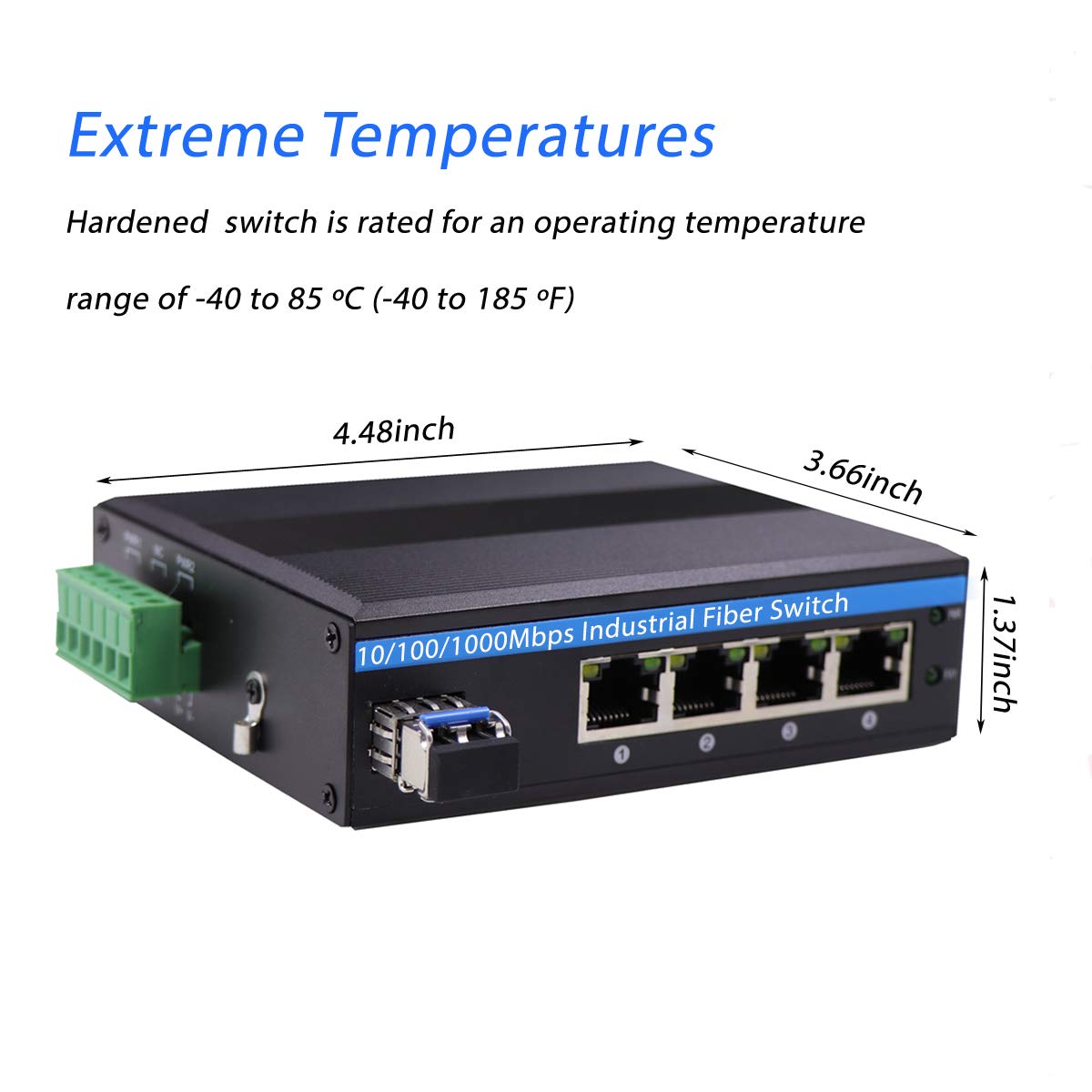 OLYCOM Harsh Outdoor 5-Port Gigabit Ethernet Fiber Converter, Industrial DIN-Rail Network Switch, 100/1000Base-T to LC, Up to 20KM(with SFP Transceiver), IP40, Extreme Heat -40°~ 85°C (-40°~ 185°F)