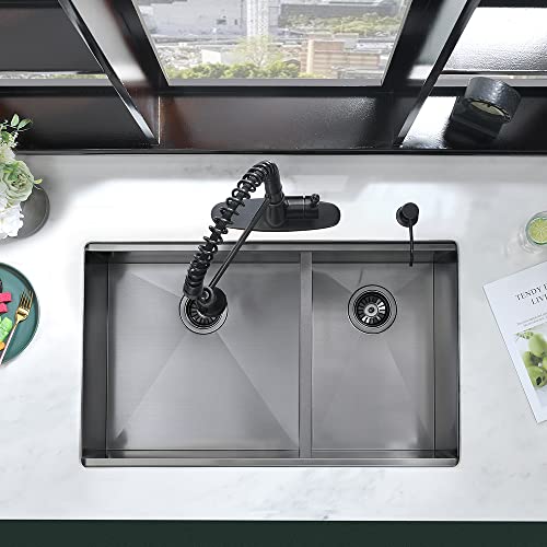 33 Black Undermount Kitchen Sink Workstation - iAnomla 33 x19 Inch Black Kitchen Sink Undermount Sink 16 Guage Stainless Steel Ledge Workstation 60/40 Double Bowl Kitchen Sink with Cutting Board