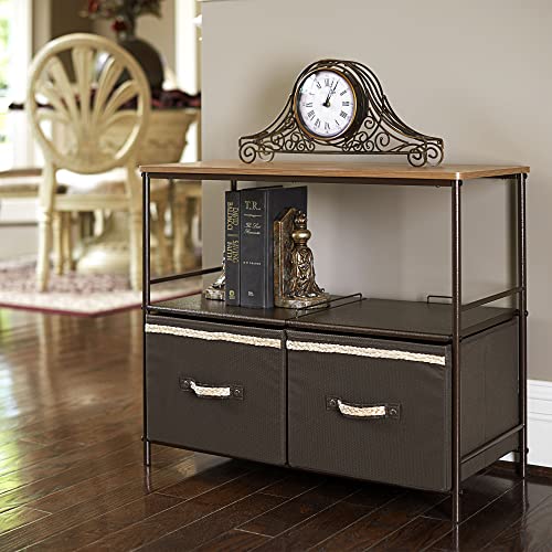 Household Essentials 2-Tier Storage Chest of Drawers Bronze Frame Wood Grain Top and 4 Brown Storage Bins with Natural Jute Trim