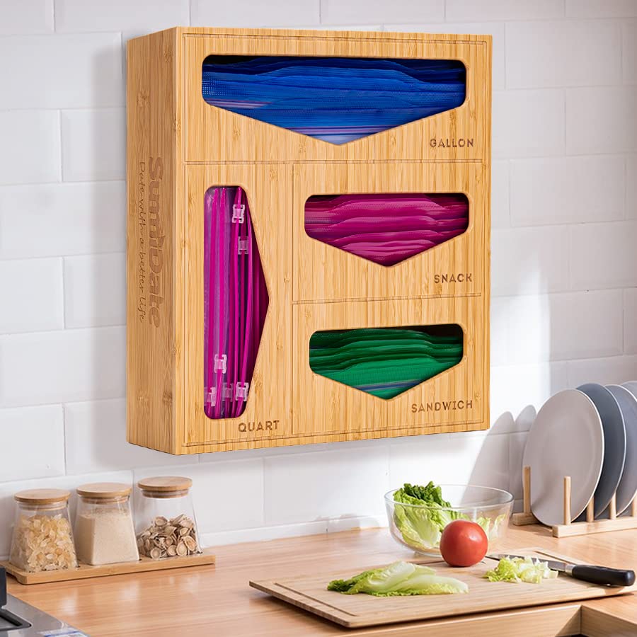 Bamboo Ziplock Bag Organizer 4 in 1 Food Storage Bag organizer Holder Box Compatible Gallon Quart Snack Slider Plastic Sandwich Bag Dispenser for Drawer Cupboard Hanging on Wall Baggie Container