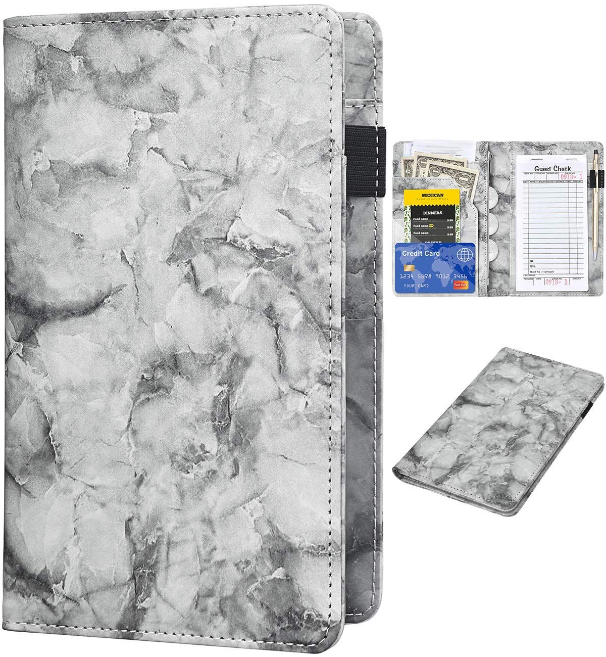 Server Books for Waitress - Marble Texture Leather Waiter Book Server Wallet with Zipper Pocket, Cute Waitress Book&Waitstaff Organizer with Money Pocket Fit Server Apron