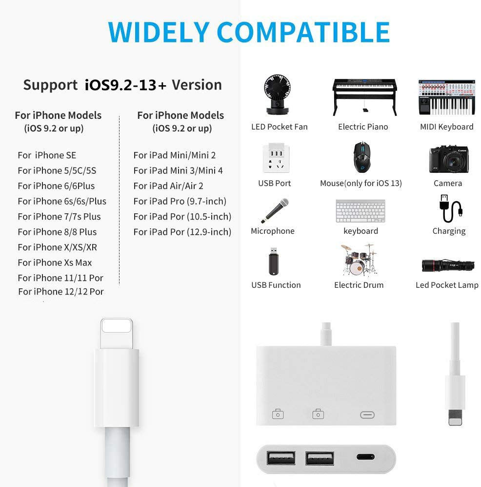 Lightning to USB3 Camera Adapter,rosyclo Apple MFi Certified 3 in 1 USB 2.0 Female Cable OTG Adapter with Charging Port,Compatible with iPhone12/11/11Pro/X/8/7/6/iPad,USB Drive,MIDI Keyboard,Mouse