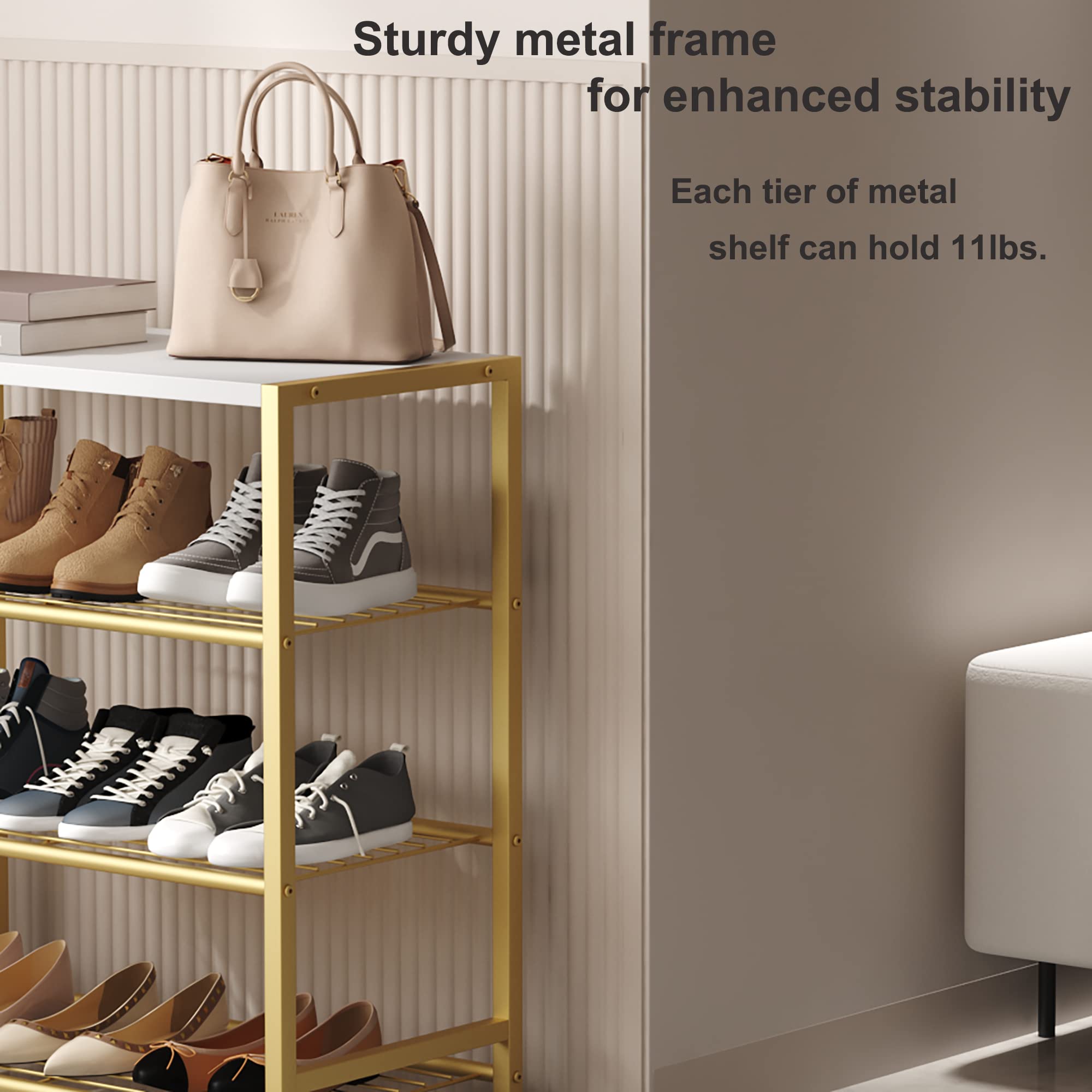 HOMEFORT 4-Tier Shoe Rack, Shoe Storage Shelf, Industrial Shoe Tower, Narrow Shoe Organizer for Closet Entryway, Small Shoe Rack Table with Durable Metal Shelves, Gold