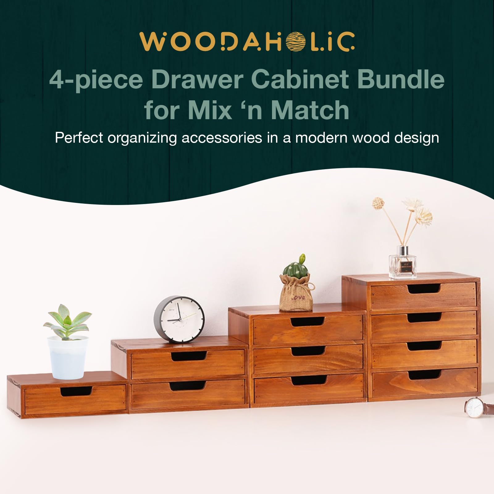 4-piece Drawer Cabinet Bundle Set - Modern Mahogany Wood Stackable Drawer Units - Multi-level Drawer Desktop Storage Organizers - Countertop Drawer Cabinets for Mix and Match (4-Pack)