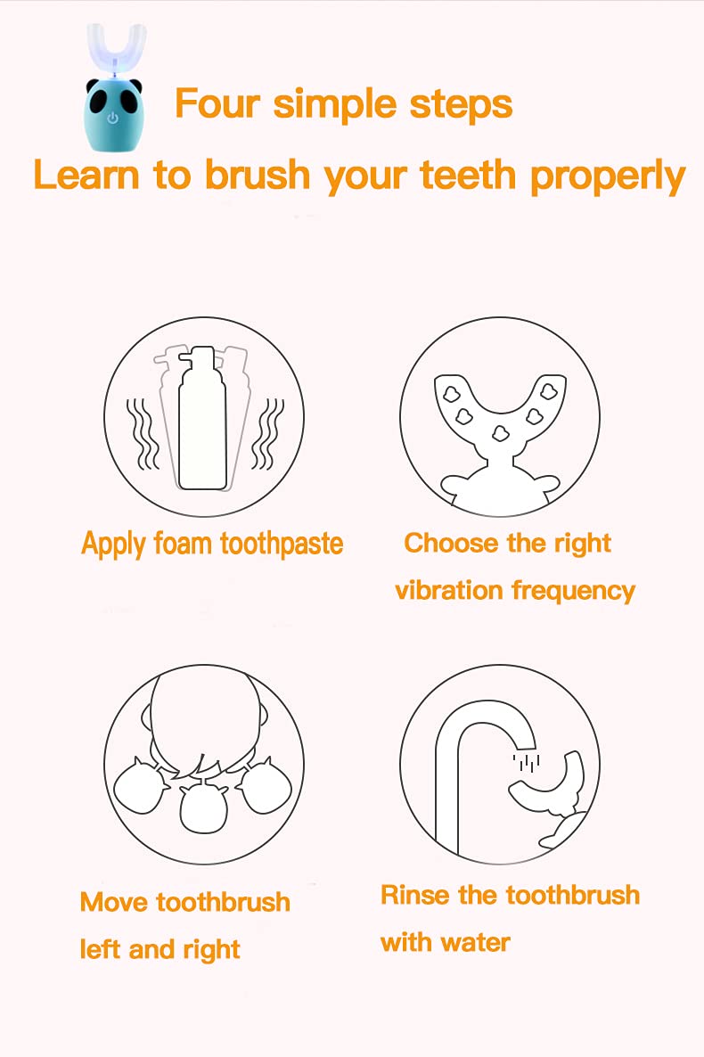 Newbee Children Electric Toothbrush for Kids Smart 360 Degrees U Silicon USB Automatic Ultrasonic Teeth Tooth Brush Cartoon Pattern 2-7 Years