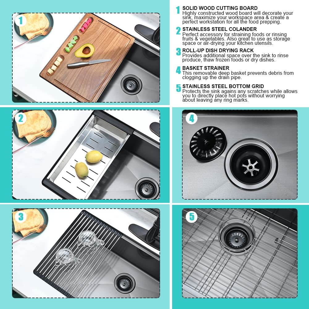 33 Inch Black Stainless Steel Undermount Kitchen Sink - iAnomla 33x19x10 Undermount Workstation Sink 16 Gauge Gunmetal Black Deep Single Bowl Kitchen Sink with Cutting Board & Colander