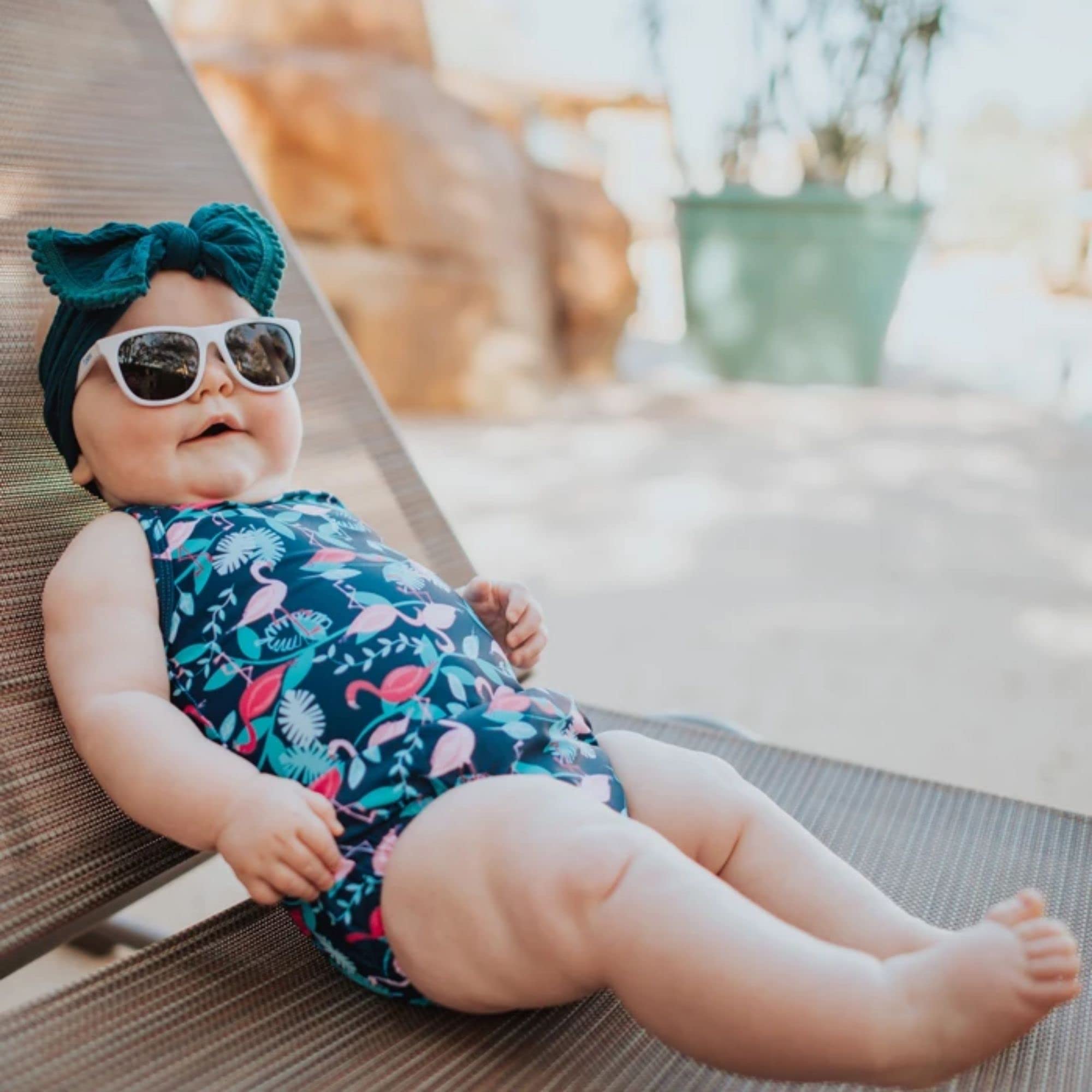 i play. by green sprouts One-piece Swimsuit w/ Built in Reusable Swim Unisex Diaper | Helps provide secure protection for babies & swimmers,Navy Flamingos,3T