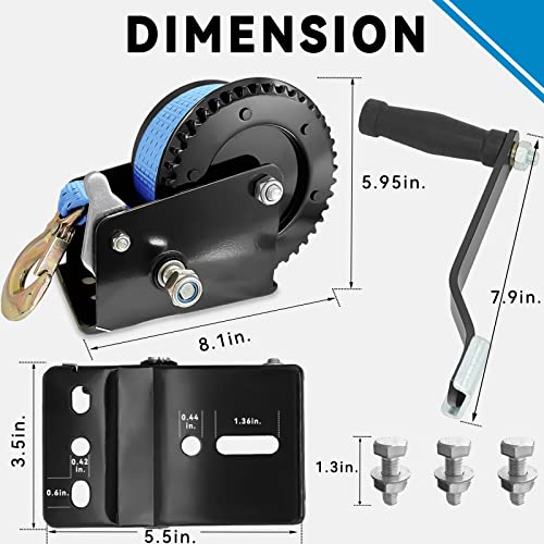 AKRIXKIP Boat Trailer Winch 1600LBS Hand Winch with 26ft Blue Winch Strap, 4:1 Gear Portable Winch with Hook, 2 Way Ratchet Manual Winch for Jet Ski Boat Towing Pulley Drag Winch