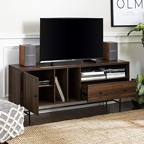 Walker Edison Modern Wood TV Stand with Record Storage for TV's up to 65" Flat Screen Universal TV Console Living Room Storage Cabinet Doors Shelves Entertainment Center, 60 Inch, Dark Walnut