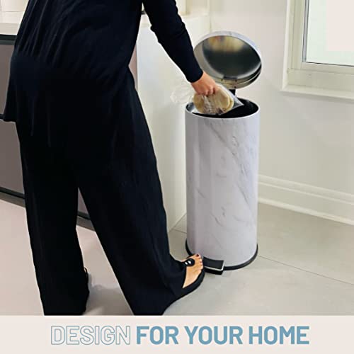 AWENN - Kitchen Garbage Trash Can with Lid and Pedal - Touchless Round Shape Waste Bin - Stainless Steel Dustbin with Removable Inner Bucket for and Outdoors β White (7.9 Gallon β 29 Liters)