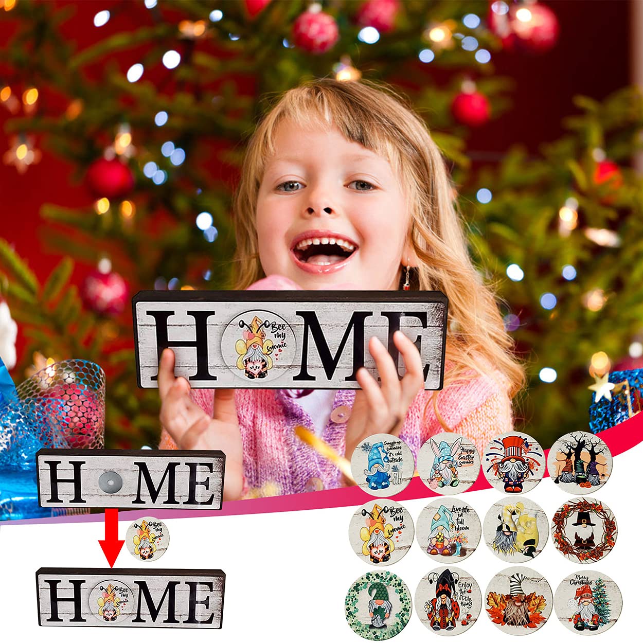 Baisnuo Home Gnome Signs Decor, interchangeable sign with 12 Pieces Holiday Wooden Table Top Shelf Decor for Front Porch Wall Outside Garden Indoor seasonal decorations