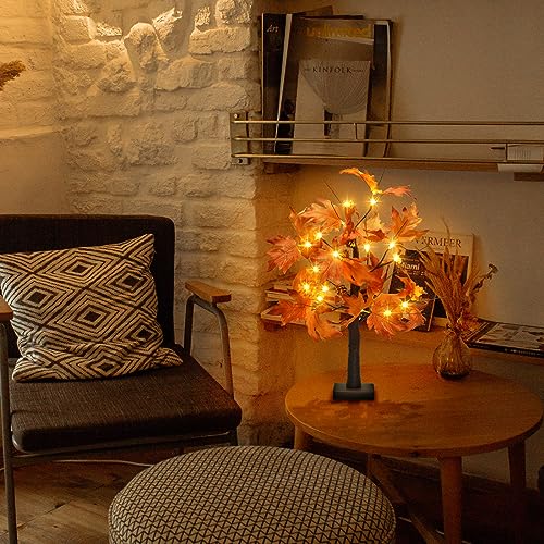 22 Inch Lighted Maple Tree Fall Tree Thanksgiving Tree Decorations with 6 Acorns & Pumpkins & Pinecones Autumn Decor with 18 LED Thanksgiving Decorations Indoor for Harvest, Fall, Party, Table