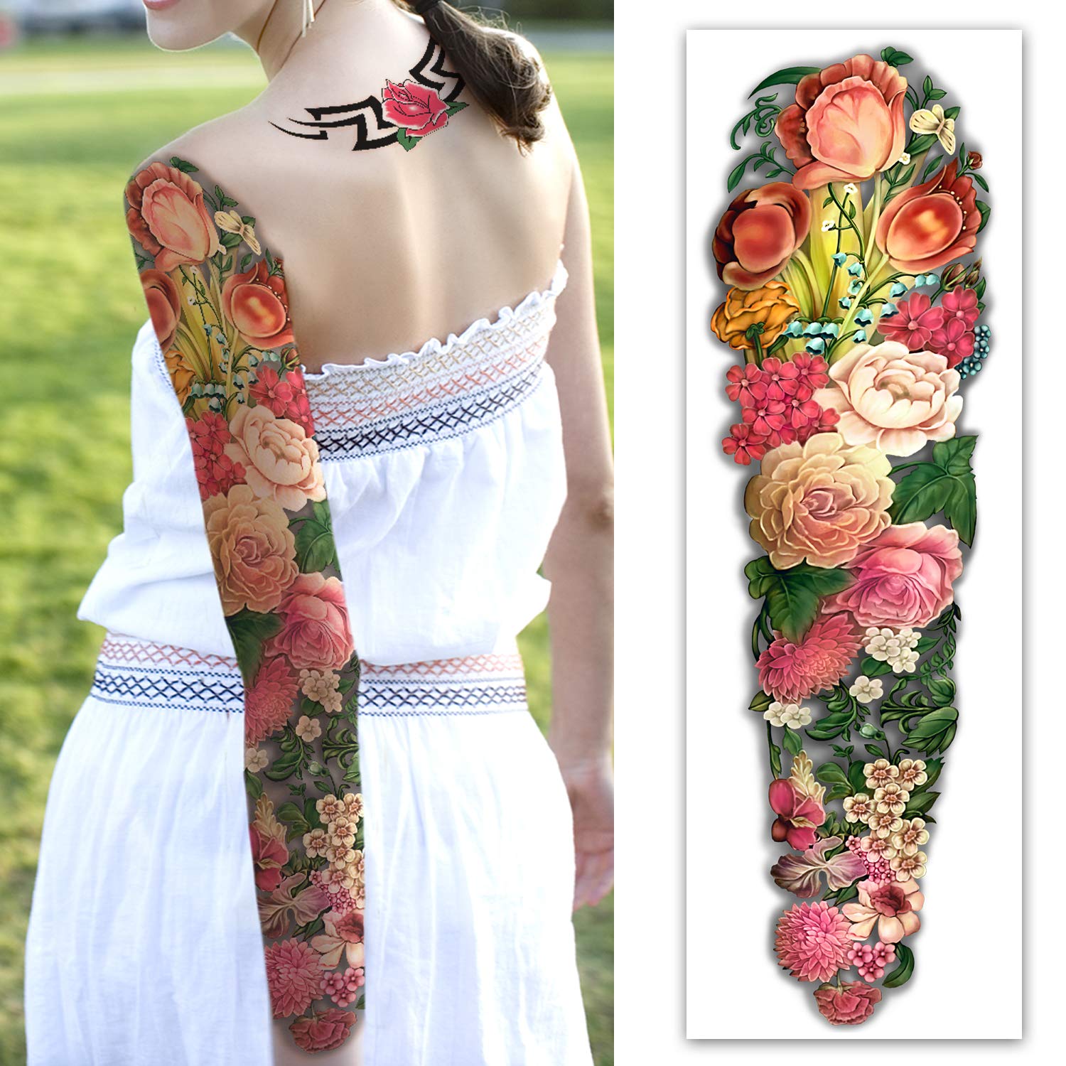 Yazhiji Extra Large Temporary Tattoos 8 Sheets Full Arm Fake Tattoos and 8 Sheets Half Arm Tattoo Stickers for Men and Women (22.83"X7.1")