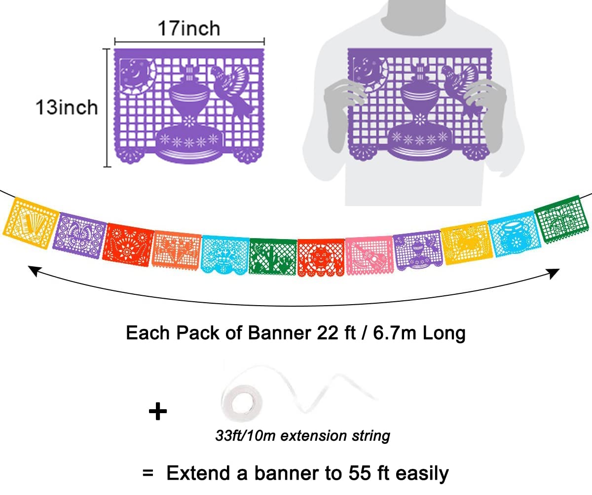 3 Packs Mexican Banners, 66 Ft(22ft x 3) Papel Picado Banner, Large Plastic Mexican Fiesta Banners Cinco de Mayo Party Fiesta Decorations Mexican Themed Birthday Party Supplies 12 Patterns with String