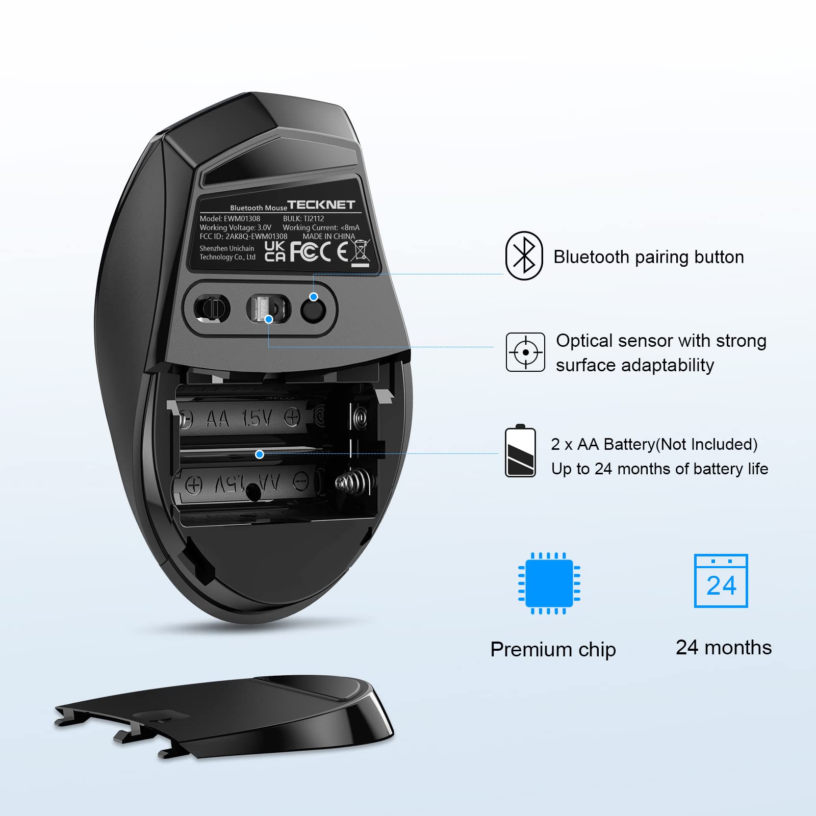 TECKNET Bluetooth Mouse, 4800 DPI Wireless Mouse, 2-Year Battery Computer Mouse 6 Adjustable DPI, 6 Buttons Compatible with Laptop/Windows/Computer