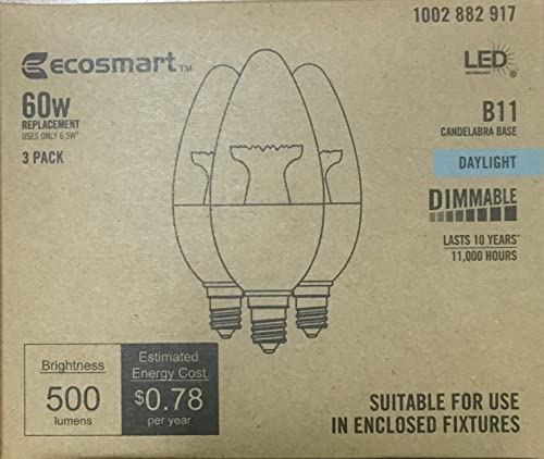 3-Pack Ecosmart 60 Watt Equivelent LED Dimmable Candelabra Daylight Uses 6 Watts Daylight 5000 K 500 Lumens