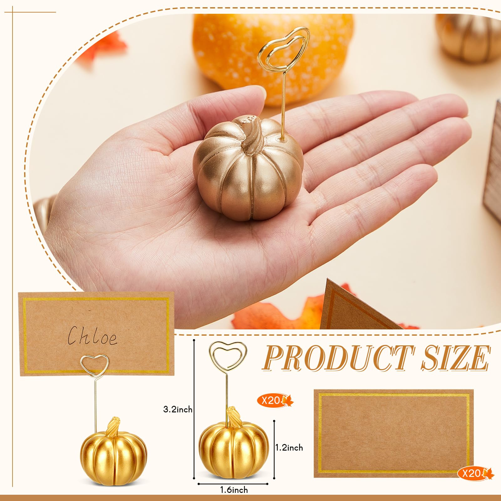 Qeeenar 20 Sets Thanksgiving Pumpkin Place Card Holders Fall Paper Name Cards for Table Setting, Resin Thanksgiving Table Decor Mini Pumpkin Table Number Holder for Wedding Thanksgiving Party(Orange)