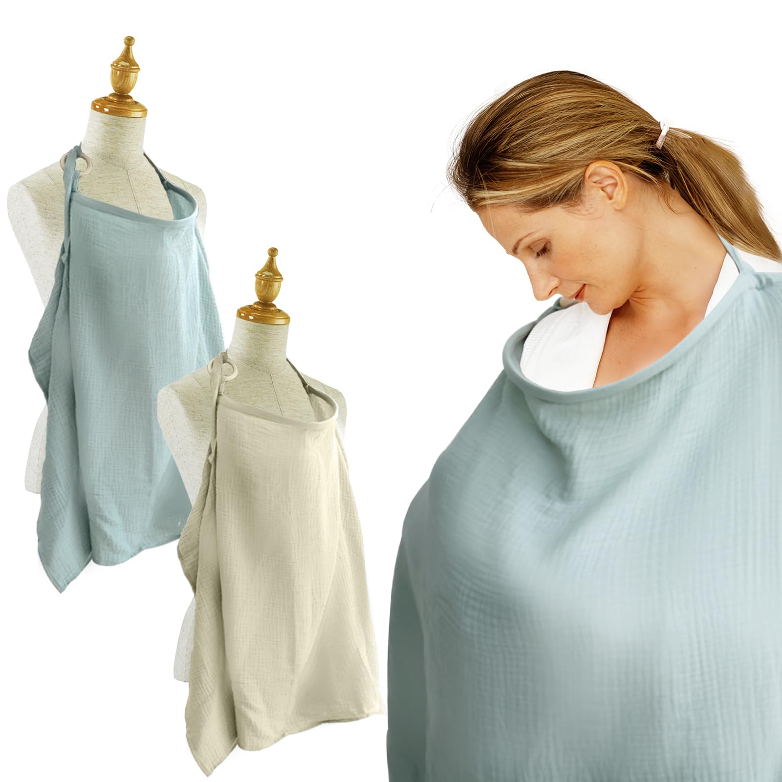 2PCS Muslin Nursing Cover for Baby Breastfeeding, Privacy Feeding Cover for Mom Breathable, Soft Cotton Nursing Apron with Hard Hoop