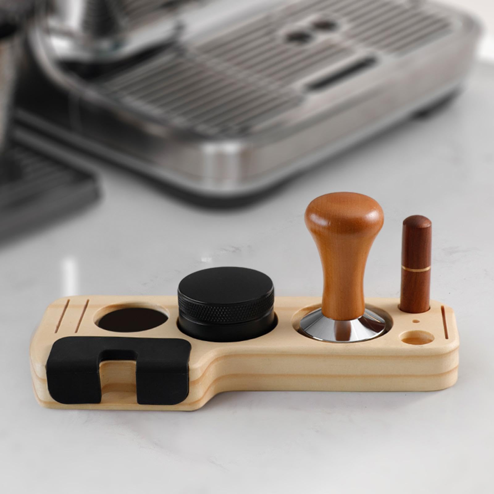 KLKCMS Espresso Accessories Kits Espresso Tamping Stand Set Barista Part Multipurpose Coffee Tamper Distributor and Stirrer for Counters Shop Cafe, Pine Wood 58mm