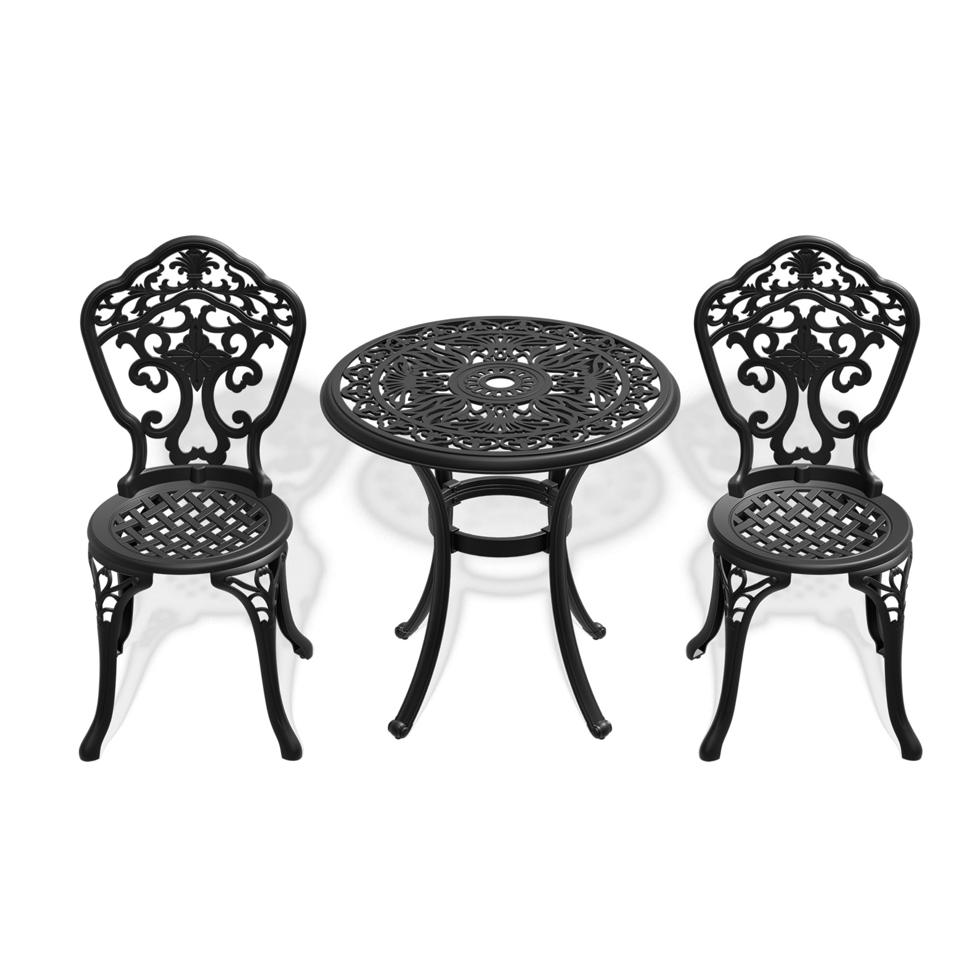 3-Piece Cast Aluminum Patio Bistro Sets Patio Table and Chairs Set of 2 with Umbrella Hole for Yard, Balcony, Lawn, Garden, Backyard