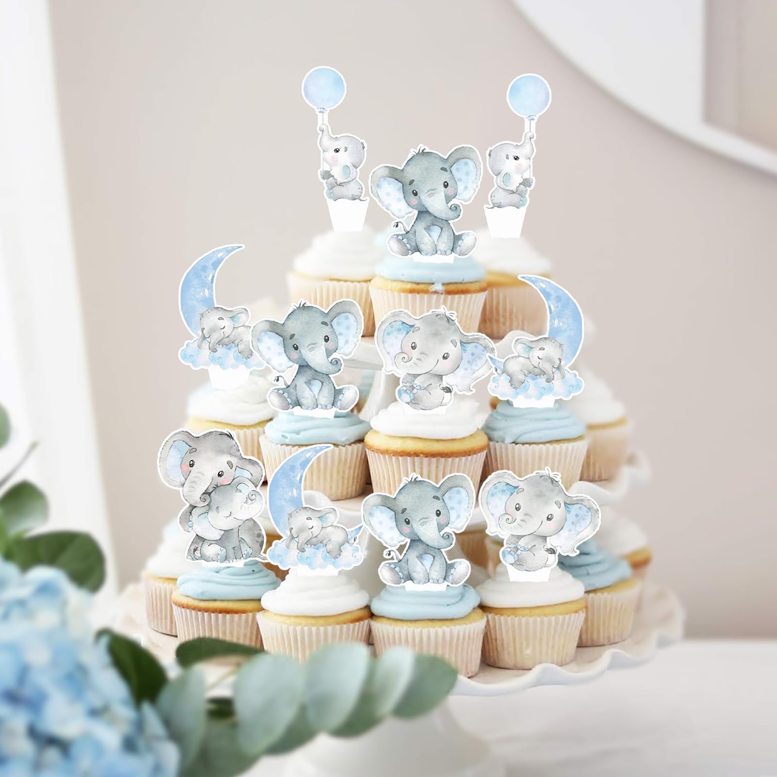 48 Pcs Blue Elephant Cupcake Toppers for Elephant Baby Shower Decorations Boy Cupcake Cake Decorations Baby Elephant Birthday Party Supplies