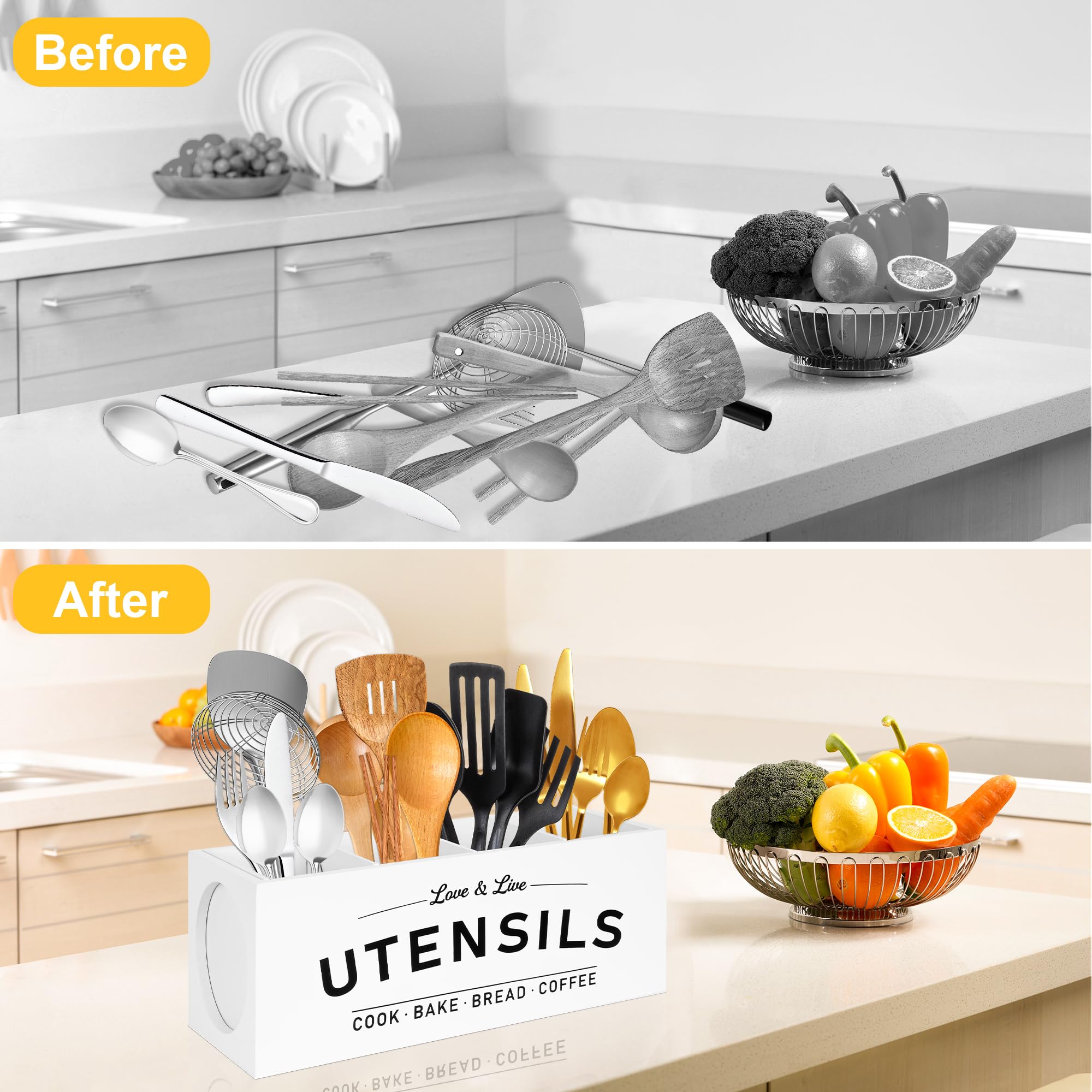 AiMQnLe Extra Large Utensil Holder - 4 Compartments Kitchen Utnesil Organizer, Wooden Cooking Utensil Crock for Kitchen Countertop, Kitchen Counter Decor (White