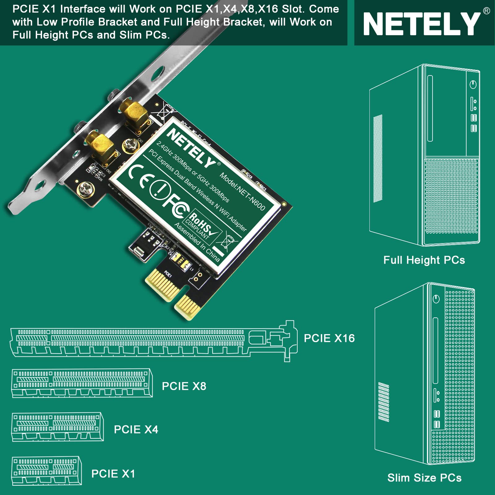 NETELY Wireless N Dual Band 600Mbps 2-Stream PCIE WiFi Adapter for Desktop PCs, PCIE WiFi Card, 2.4GHz 300Mbps and 5GHz 300Mbps, Qualcomm Atheros Wireless Network Adapter(NET-N600)