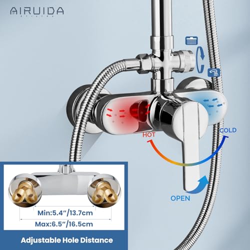 Airuida Shower Fixture, Brass Exposed Pipe Shower System, Chrome Polish 8 Inch Rainfall Shower Head Single handle with Dual Functions Shower Faucet Combo Unit Set
