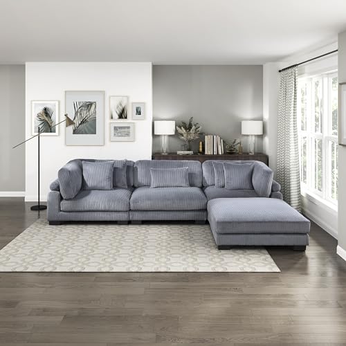 Lexicon Modular Sectional Sofa, Oversized Sectional Sofa, Corduroy Sectional Couch, Extra Large Sofa Set with 5 Matching Pillows, 4 Seater L Shape Sofa with Ottoman, Gray