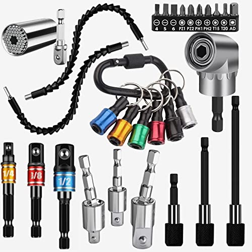 31Pcs Flexible Drill Bit Extension Set,105°Right Angle Drill Attachmen,Rotatable Joint Socket 1/4 3/8 1/2 Inch Hex Socket Adapter,Socket Bendable Drill Bit Extension,6pcs Screwdriver Bits Holder