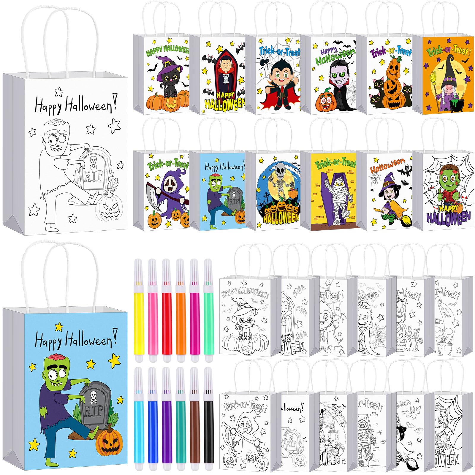 Abbylike 72 Pcs Halloween Color Your Own Bags for Kids Trick or Treat Coloring Goodie Bags Halloween Paper Gift Bag Party Favor Bags with 48 Markers for Halloween Party Favors Supplies DIY Crafts Gift