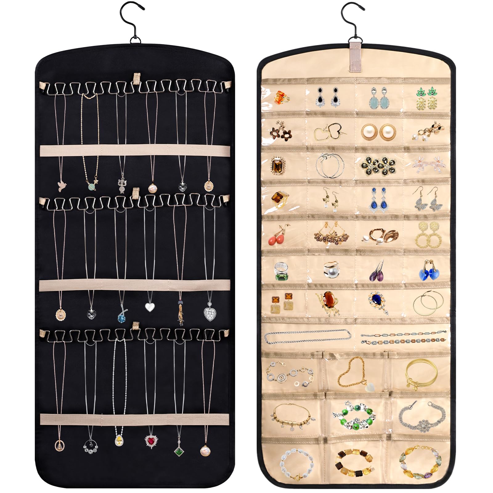 MCPINKY Hanging Jewelry Organizer Storage, 39 Pockets Earring Ring Bracelets,30 Necklaces Hanger on Closet Wall Door,Jewelry Display Storage Bag Double Sided,Large Black