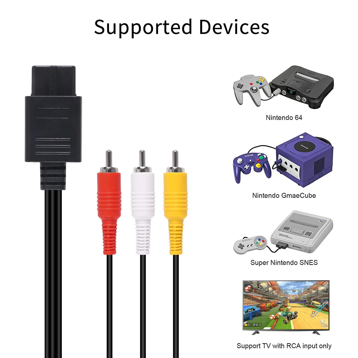 Aokin Audio Video AV Cable Cord for Nintendo 64 N64, Super Nintendo SNES, Gamecube GC, 1.8M/6FT